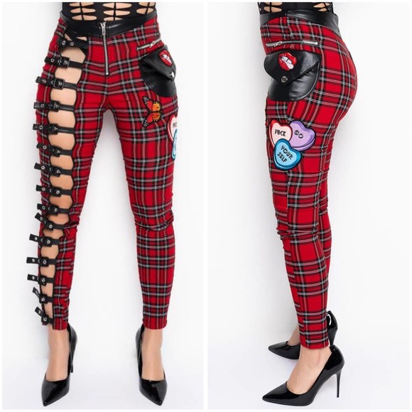 AKIRA | Pants & Jumpsuits | Akira On Fire Plaid High Rise Cut Out Faux ...